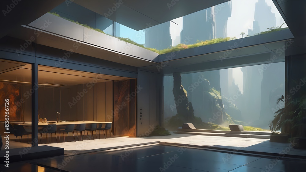 A sleek modern interior with expansive glass windows revealing a ...