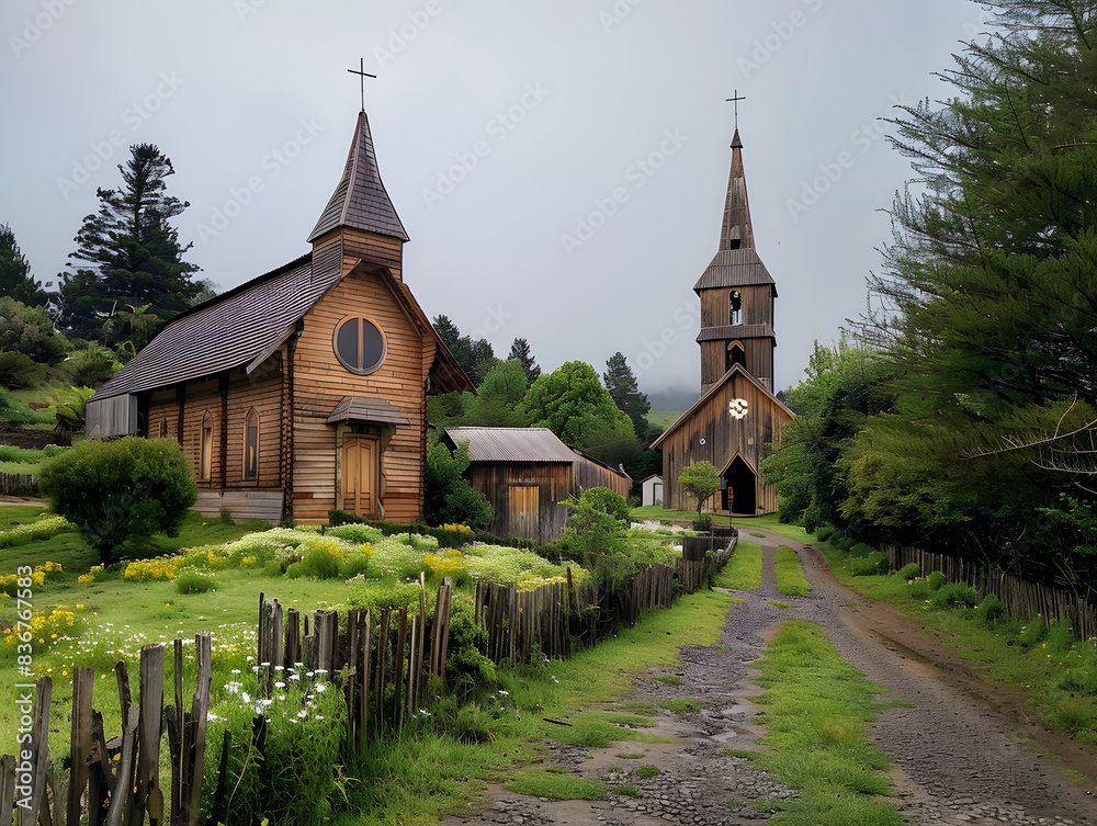 Old, rustic wooden churches in Chiloé, Chile, showcasing traditional v ...