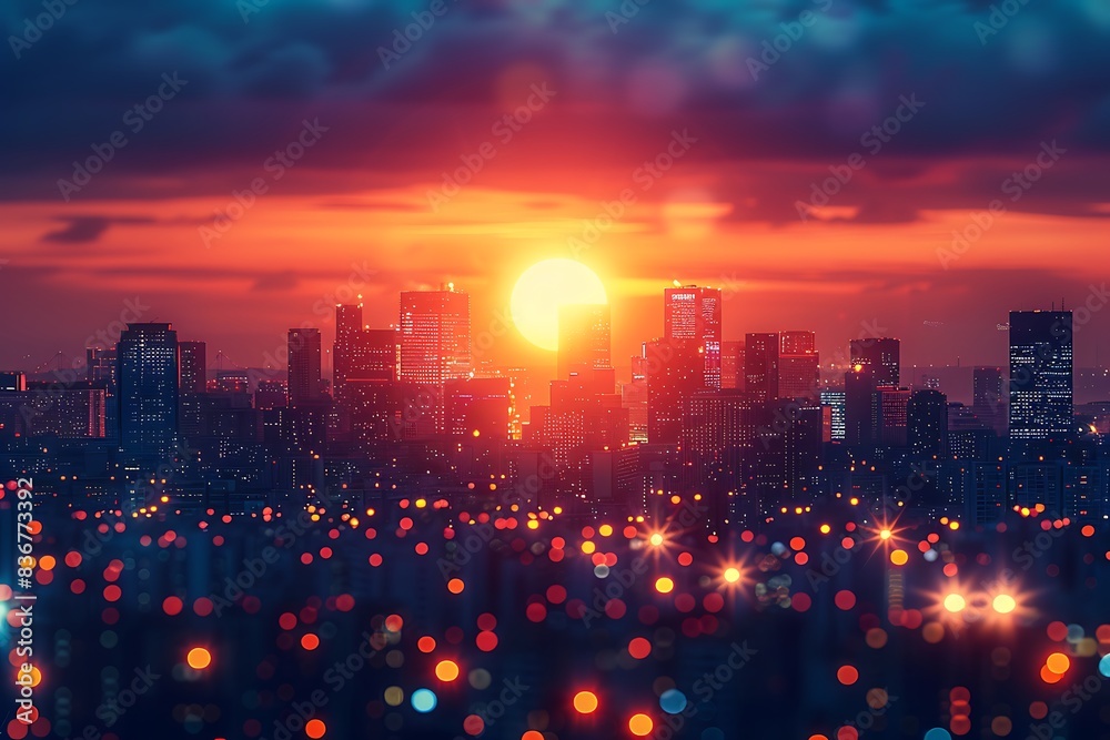 Summer sun blur golden hour hot sunset sky with city rooftop view ...