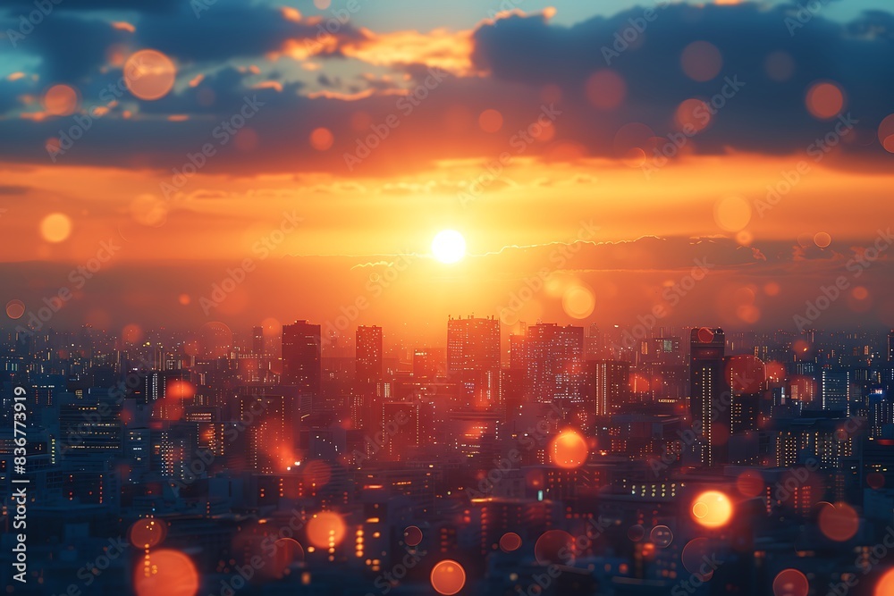 Summer sun blur golden hour hot sunset sky with city rooftop view ...