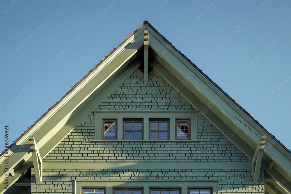 Overhead perspective of a sage green craftsman cottage with a hipped ...