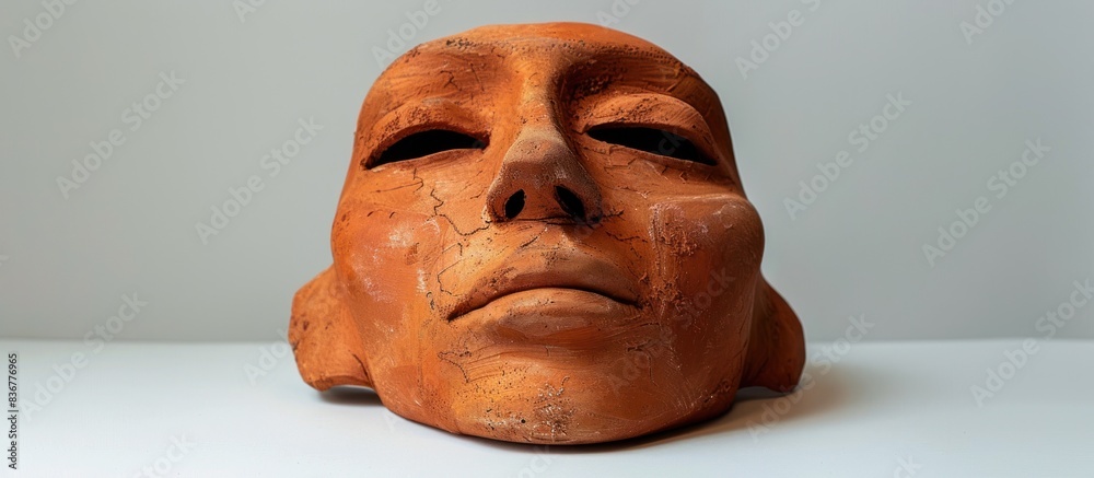 A terracotta clay mask, mimicking an apache plant, is presented on a ...