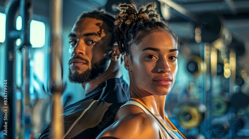 Pair of fit, confident gym-goers standing back-to-back in a modern gym ...
