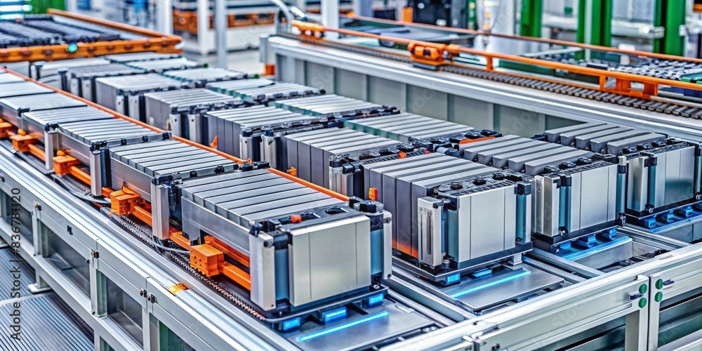 Foto de Automated assembly line placing lithium-ion battery cells in ...