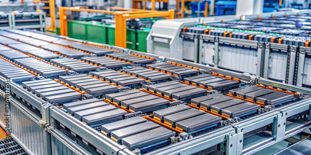 Automated assembly line placing lithium-ion battery cells in electric ...