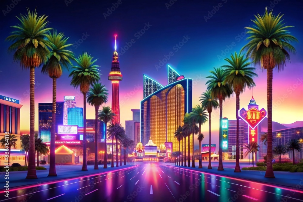Flat graphic of iconic Las Vegas scene with colorful lights, neon signs ...