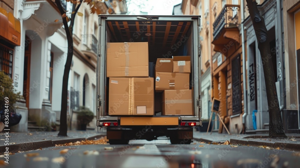 Moving truck filled with cardboard boxes and furniture Stock Photo ...