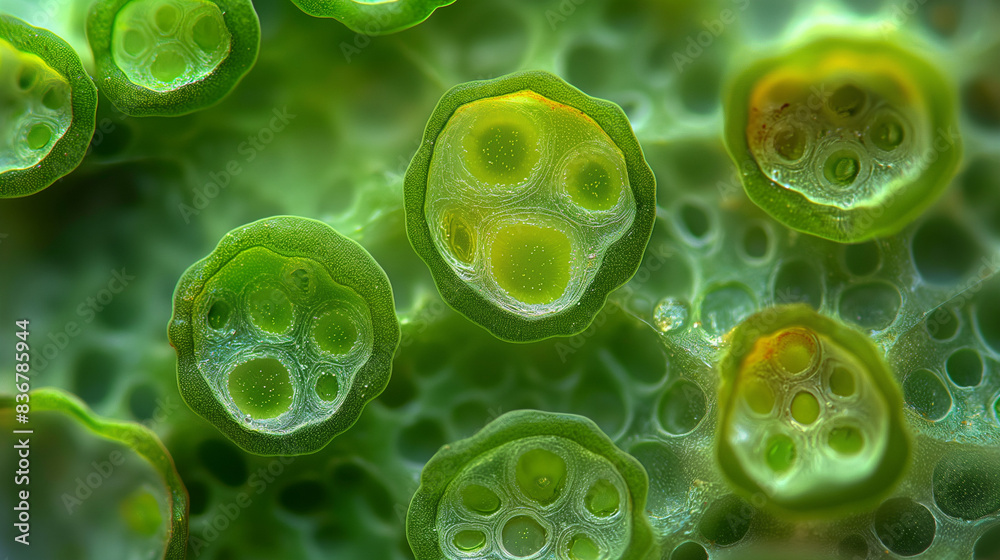 Round, green chloroplasts in plant cells of anacharis or waterweed ...