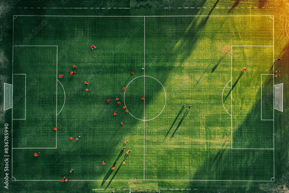 aerial topview of a soccer field, half of the pitch in the shadow ...