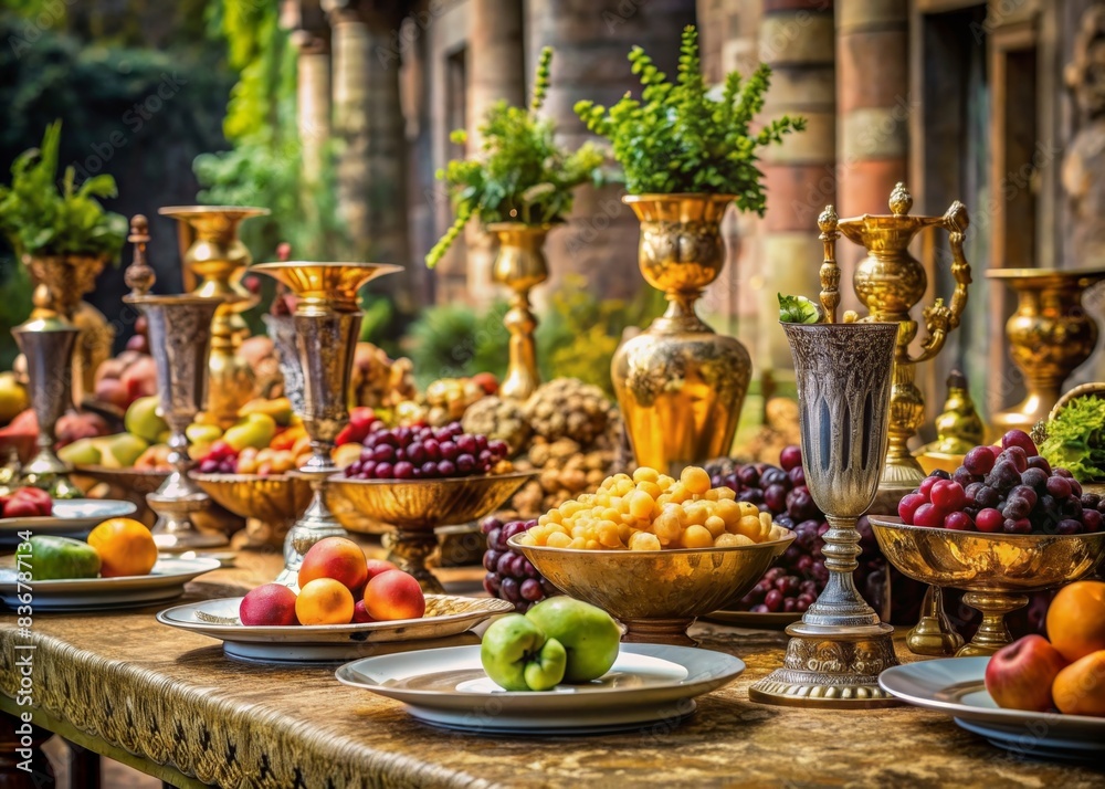 Lavish banquet table in Ancient Rome with ornate dishes, goblets, and ...