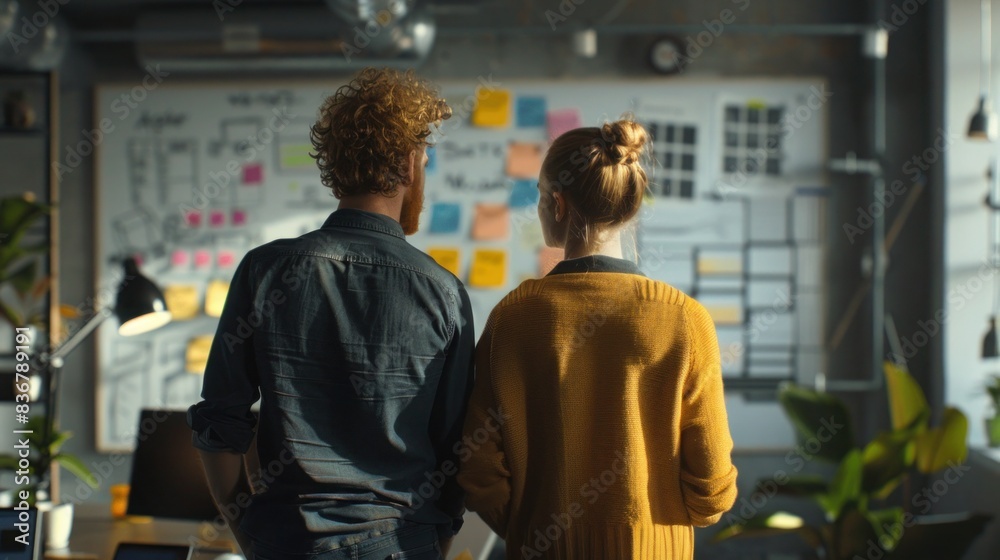 Team brainstorming new ideas in creative office space. Two people are ...