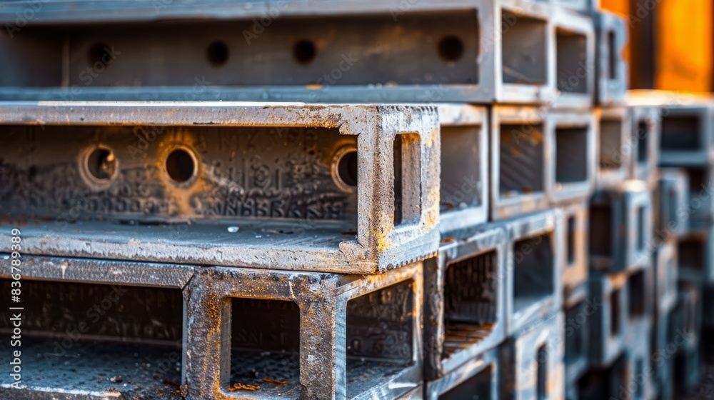 A close-up photo of a neatly stacked pile of construction materials ...