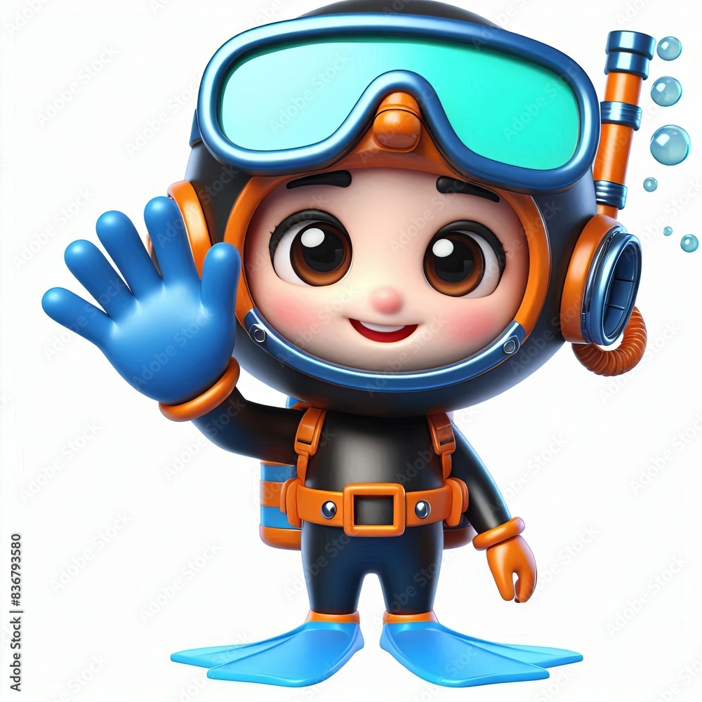 cute diver waving hand cartoon , 3d Generative ai Stock Illustration ...