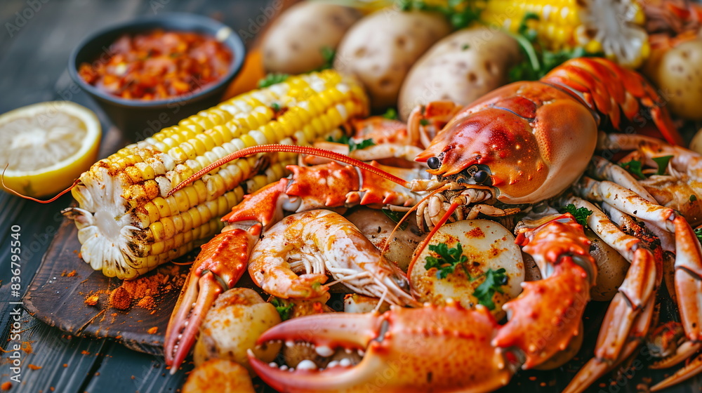 Seafood boil with shrimp, crab legs, corn on the cob, and potatoes on a ...