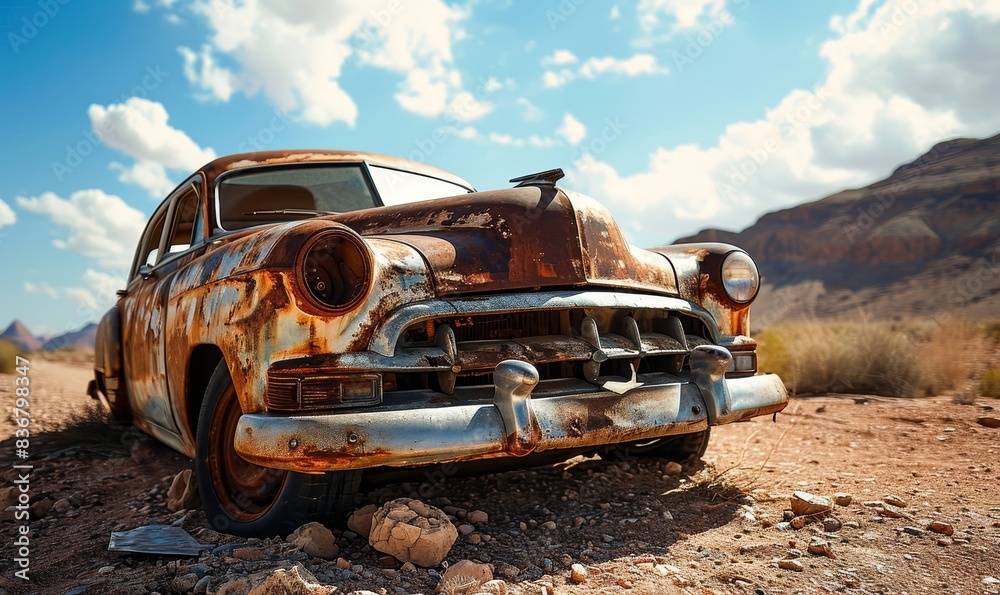 old classic wreck of retro vintage car left rusty ruined and damaged ...
