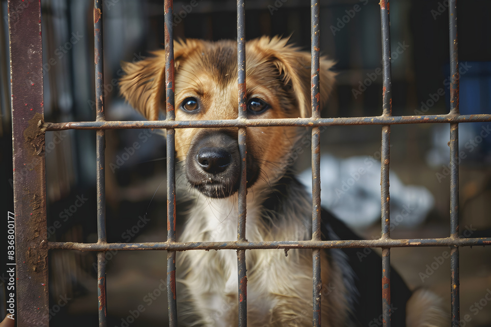 Stray homeless dog in animal shelter cage. Sad abandoned hungry dog ...