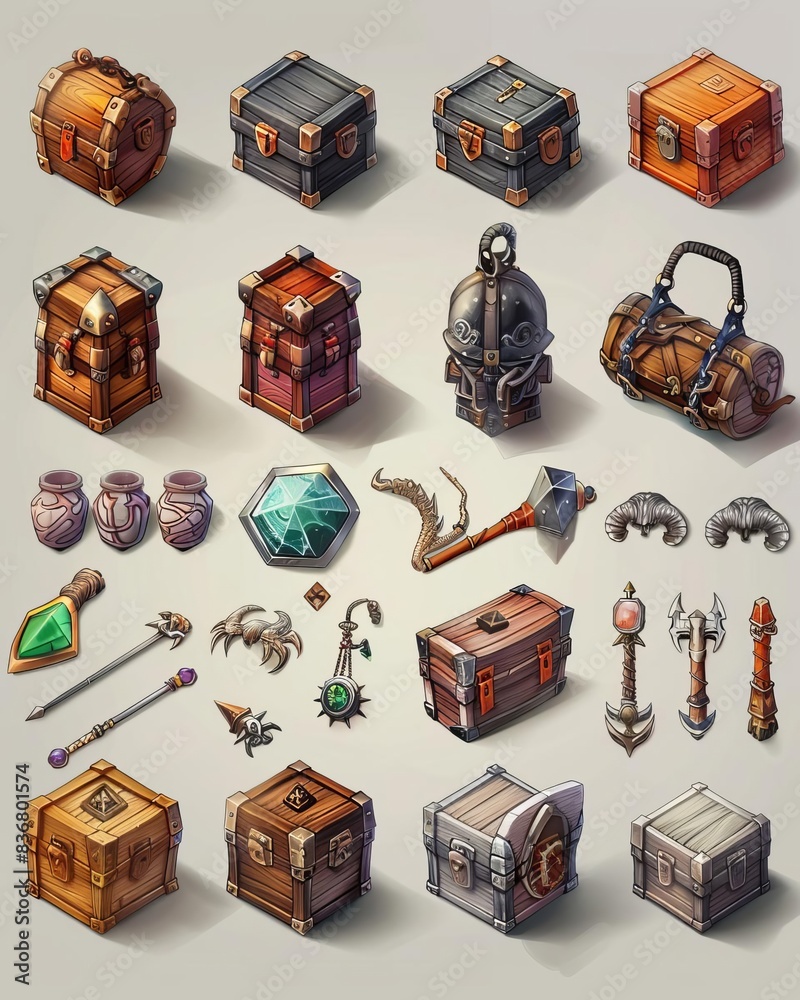 Game icons assets sheet 5x5 of magic legendary loot chests, epic, Video ...