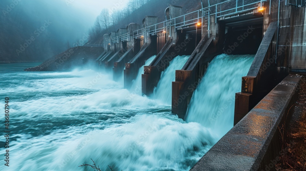 hydroelectric dam, water discharge through locks, river, power, energy ...