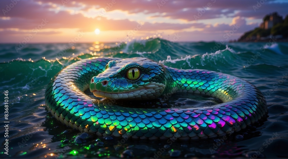 Beautiful green snake on the water surface Stock Illustration | Adobe Stock