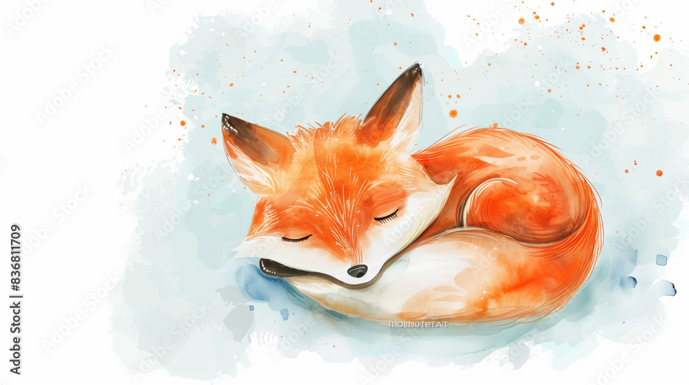copy space, illustration, watercolor style, cute fox, birth card ...