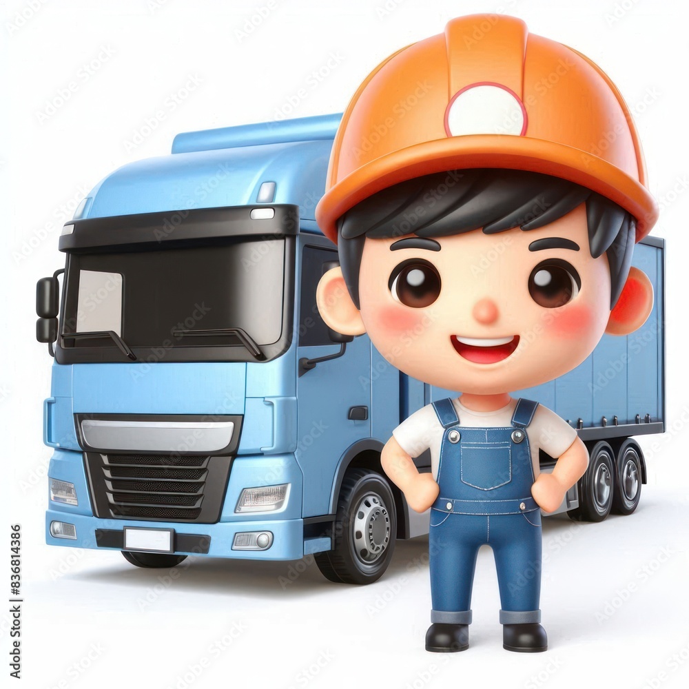3D Cute cartoon truck driver character Isolated on white background ...