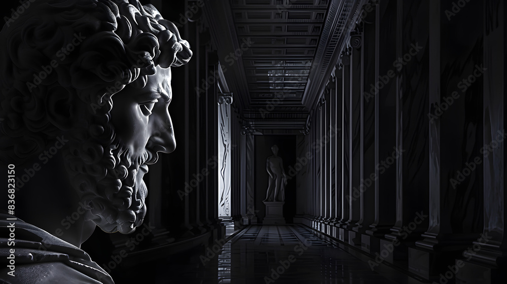 Greek sculpture of an old stoic man, roman god statue, black and white ...