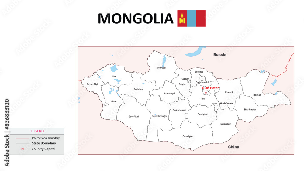 Mongolia Map. State map of Mongolia. Administrative map of Mongolia with state and capital in ...
