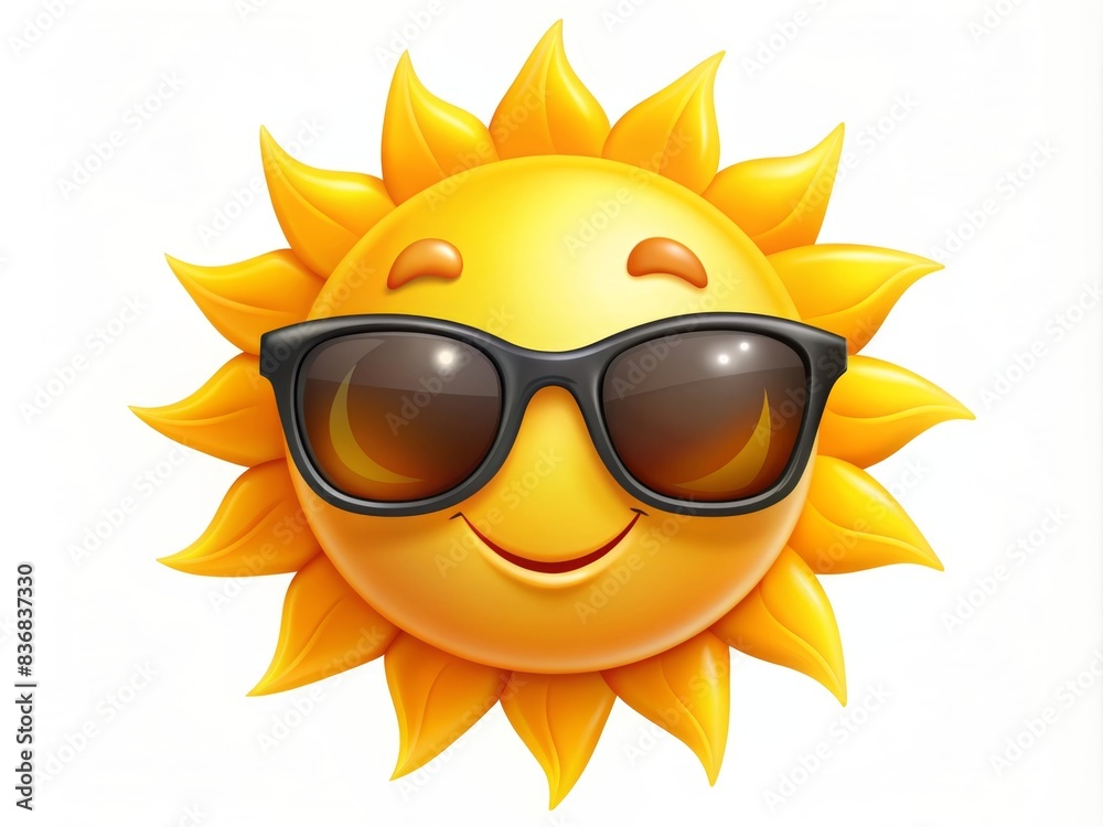Cartoon sun with sunglasses emoji on white background, sunshine ...