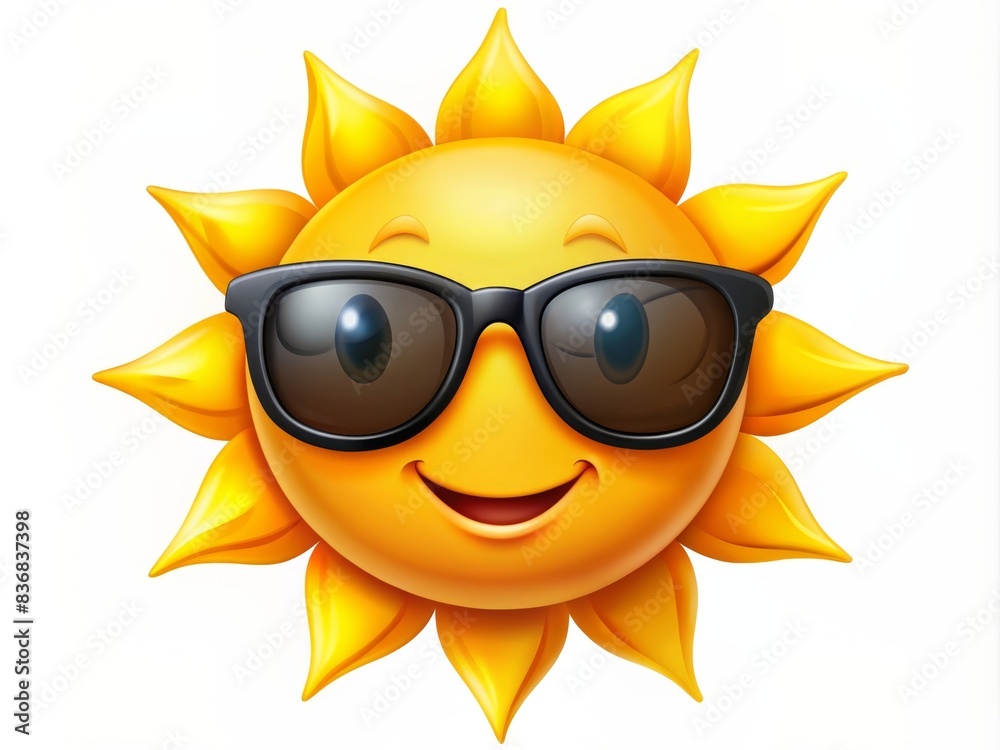 Cartoon sun with sunglasses emoji on white background, sunshine ...