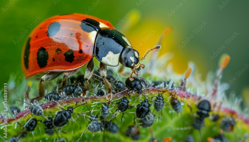 Ladybug voraciously consumes aphids, illustrating nature's pest control ...