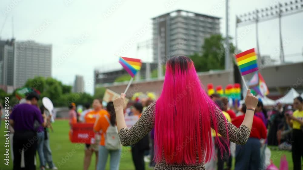 Back view Celebration moment LGBTQ female with pink hair on Pride month ...