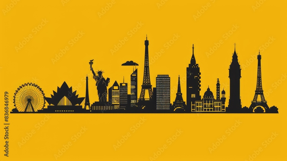 Black silhouettes of iconic landmarks on a bright yellow background ...