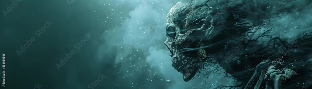 Side view of a horrifying Halloween skeleton monster, illuminated by ...