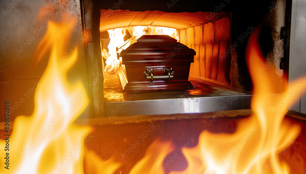 Cremation of a wooden casket in a modern crematorium furnace, intense ...