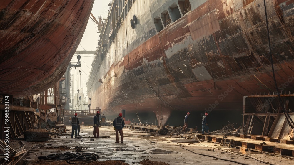 Dynamic shot of shipyard workers juxtaposed with enormous vessels ...