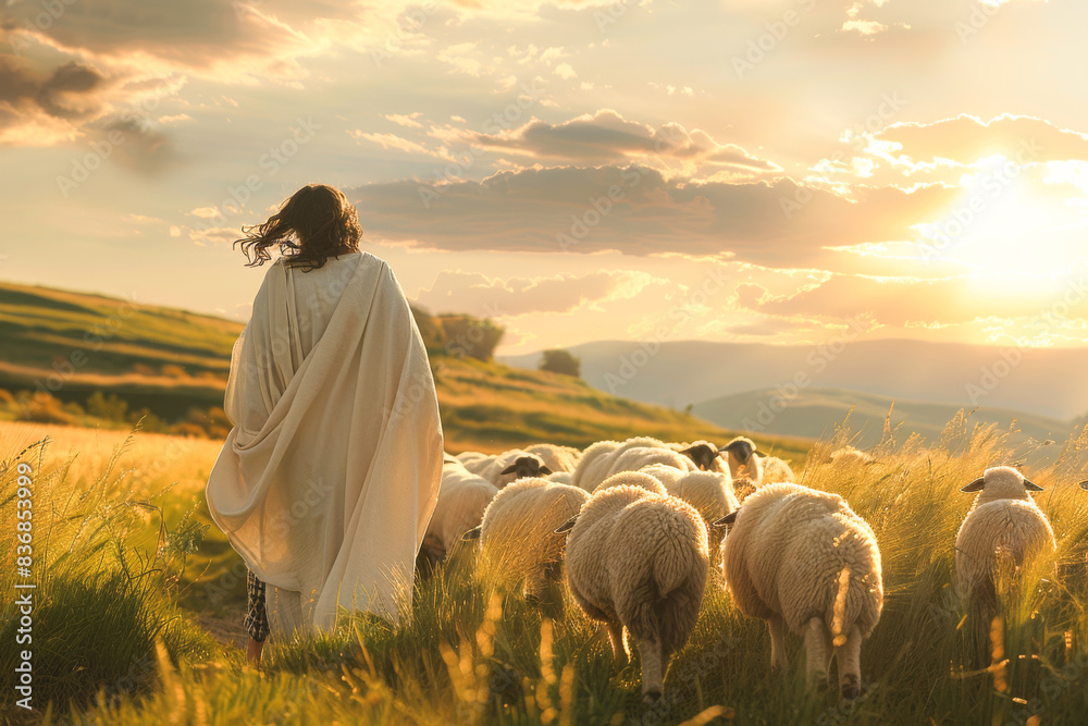 A bible jesus shepherd with his flock of sheep during sunset. Stock ...
