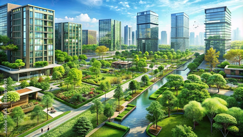 Ilustração do Stock: Architectural sketch of a green urban oasis with ...