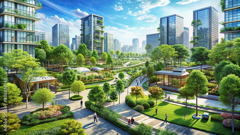 Architectural sketch of a green urban oasis with lush trees and ...