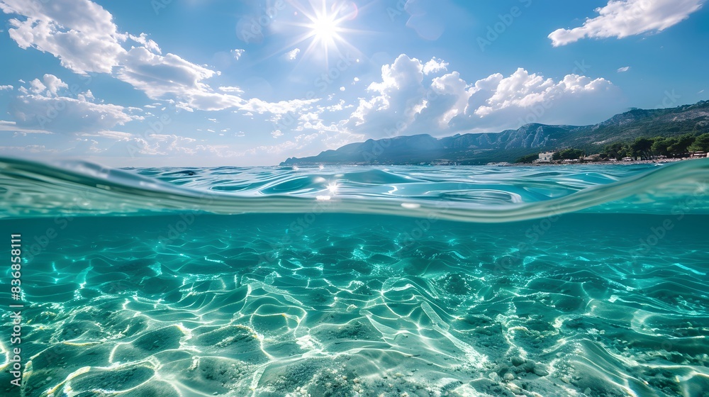 Tropical island and clear blue sea, camera is half submerged, split ...