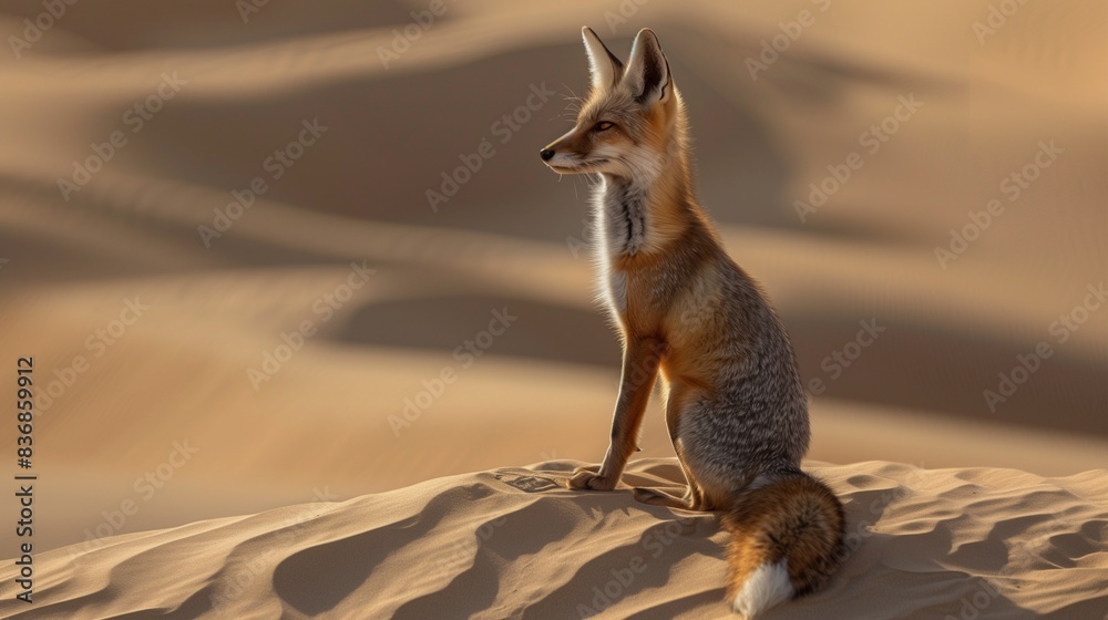 Desert Fox and Dunes. A realistic photo of a desert fox sitting atop a ...