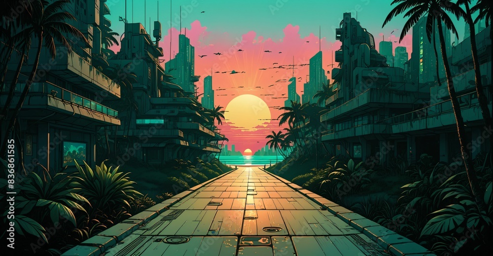cyberpunk lo-fi sci-fi tropical city street with palm trees and ...