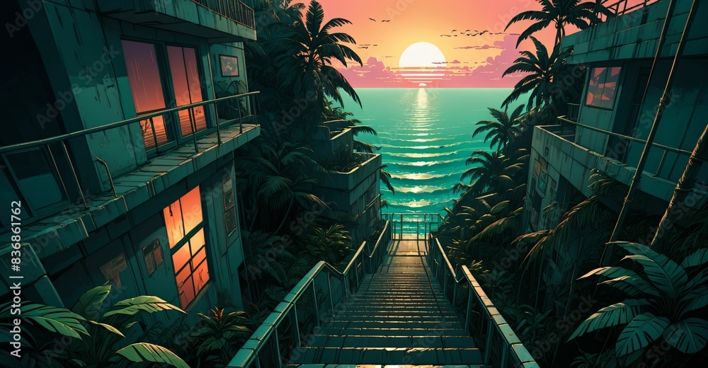cyberpunk lo-fi tropical city stairwell sunset. stairs staircase to ...