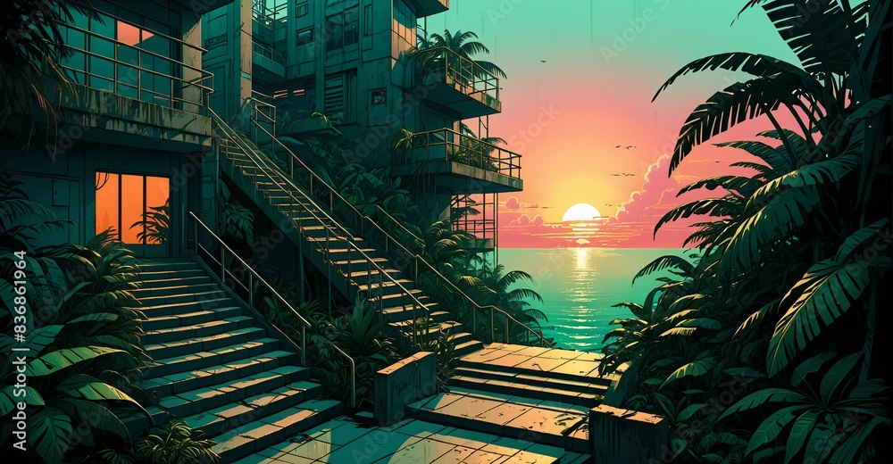 cyberpunk lo-fi tropical city stairwell sunset. stairs staircase to ...