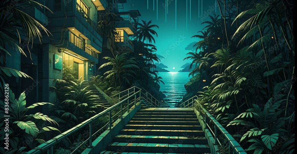 cyberpunk lo-fi tropical city stairwell sunset. stairs staircase to ...