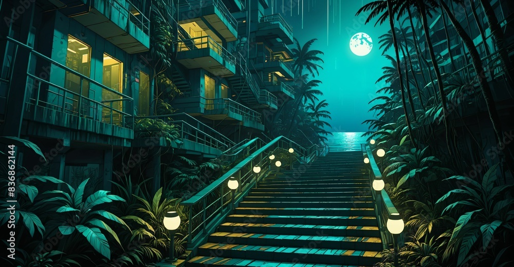 cyberpunk lo-fi tropical city stairwell sunset. stairs staircase to ...