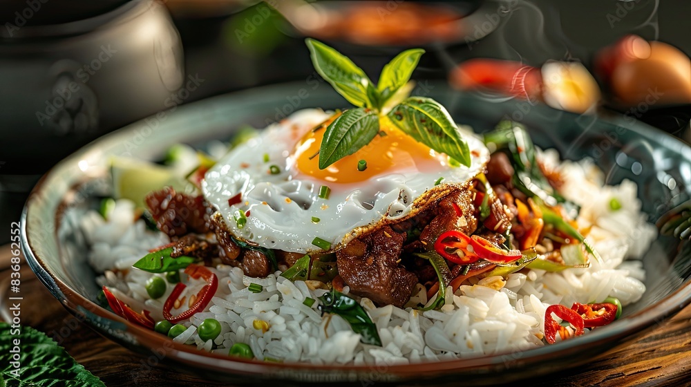 Pad Krapow Moo Krob with steam rice, Holy Basil, crispy pork, and a ...