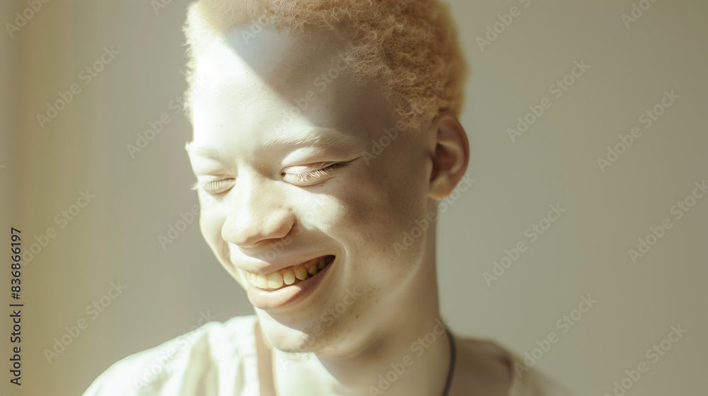 Albinism Awareness Day. Portrait of a happy albino guy. A smiling woman ...