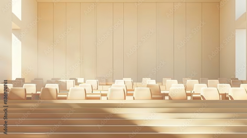 Modern lecture hall with natural light streaming through windows ...