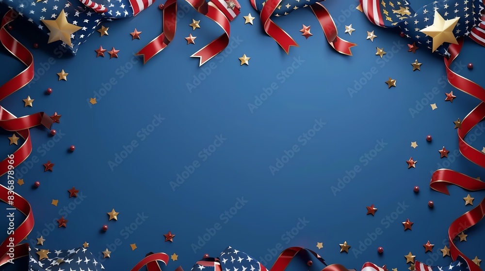 Festive patriotic frame with red ribbons and golden stars on a blue ...