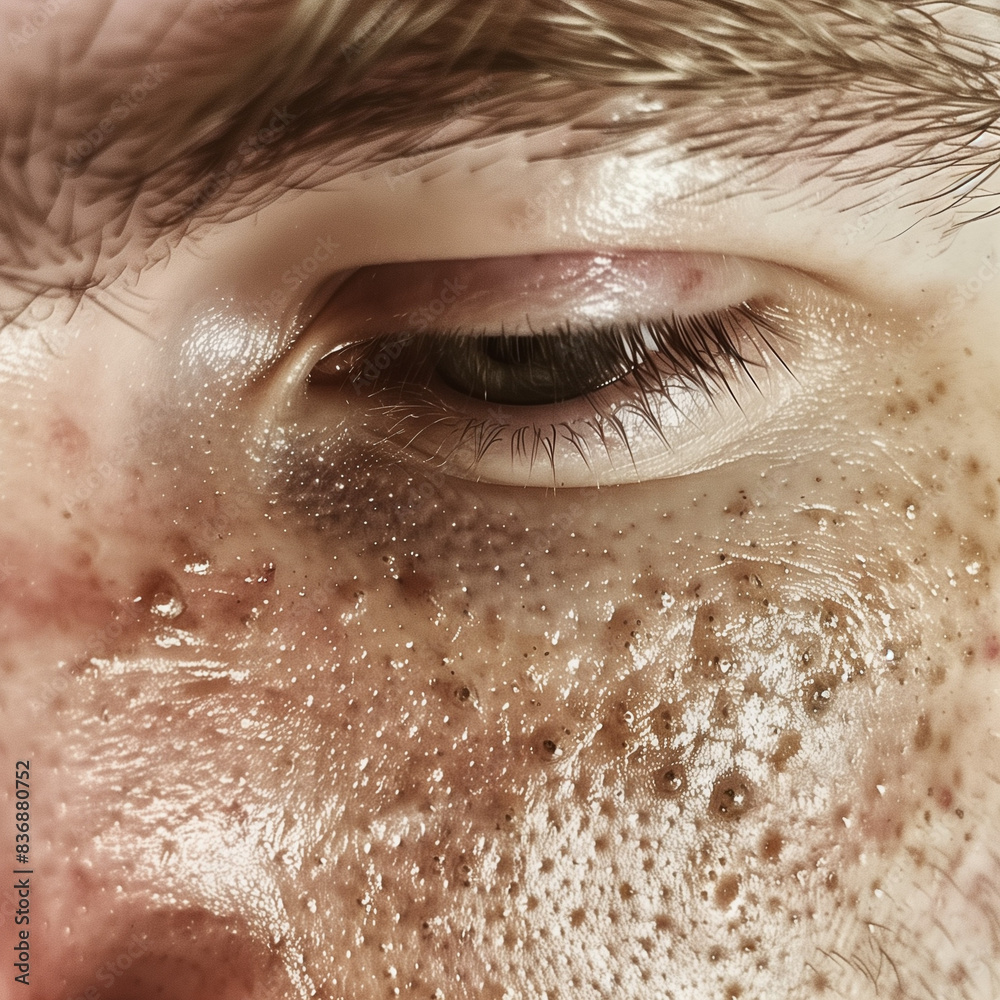 A close-up of a model's skin showing blackheads, acne, and oily texture ...